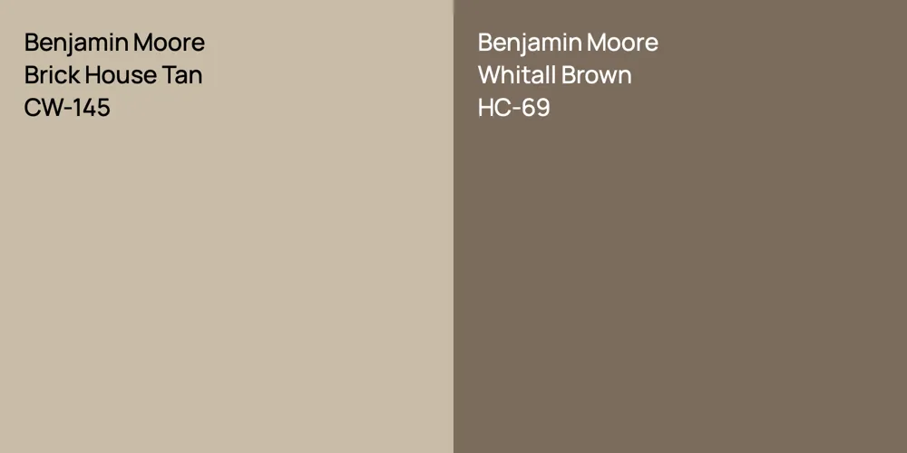 Benjamin Moore Brick House Tan vs. Benjamin Moore Whitall Brown comparison