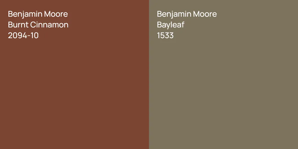 Benjamin Moore Burnt Cinnamon vs. Benjamin Moore Bayleaf comparison