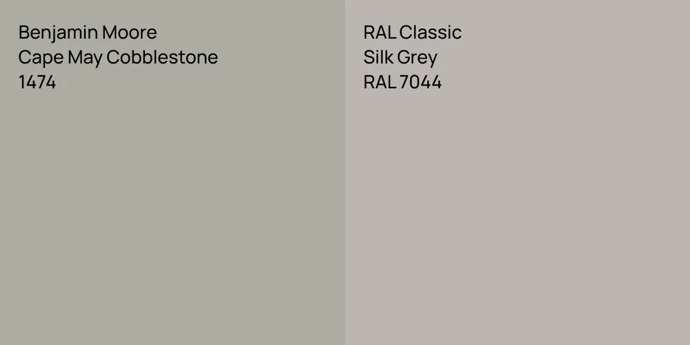 Benjamin Moore Cape May Cobblestone vs. RAL Classic Silk Grey comparison