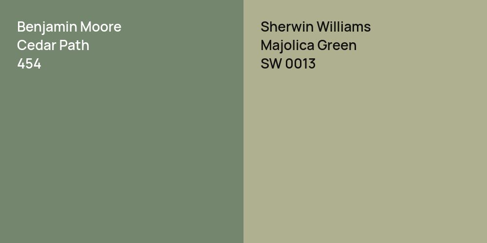 Benjamin Moore Cedar Path vs. Sherwin Williams Majolica Green comparison