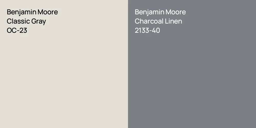 Benjamin Moore Classic Gray vs. Benjamin Moore Charcoal Linen comparison