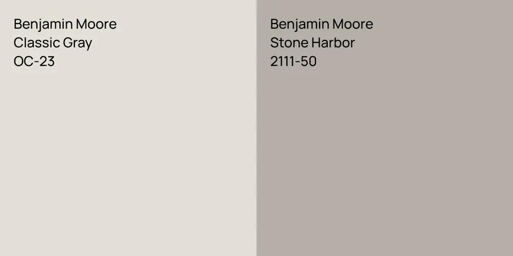 Benjamin Moore Classic Gray vs. Benjamin Moore Stone Harbor comparison