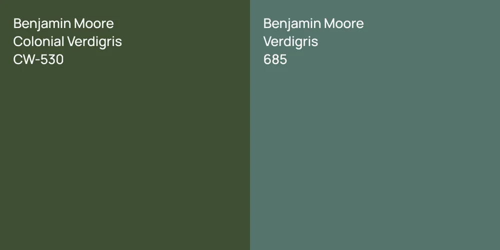 Benjamin Moore Colonial Verdigris vs. Benjamin Moore Verdigris comparison