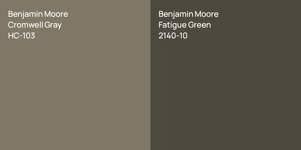 Benjamin Moore Cromwell Gray vs. Benjamin Moore Fatigue Green comparison