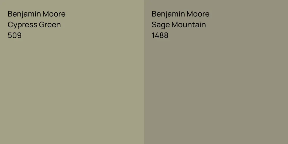 Benjamin Moore Cypress Green vs. Benjamin Moore Sage Mountain comparison