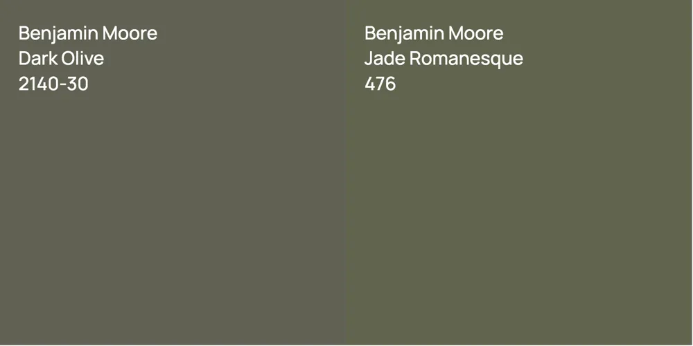 Benjamin Moore Dark Olive vs. Benjamin Moore Jade Romanesque comparison