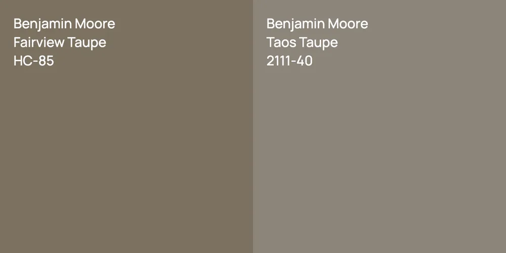 Benjamin Moore Fairview Taupe vs. Benjamin Moore Taos Taupe comparison