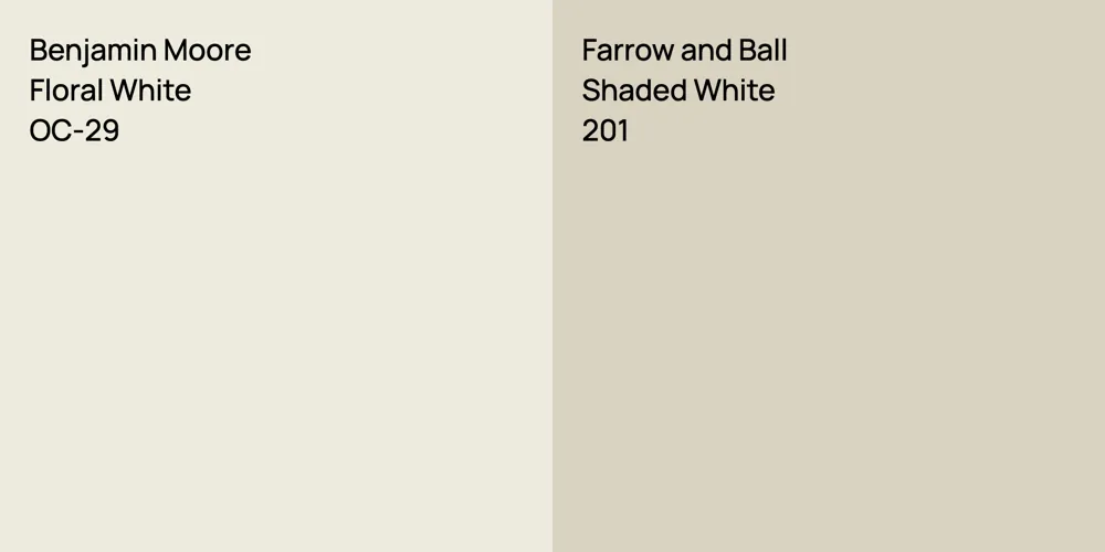 Benjamin Moore Floral White vs. Farrow and Ball Shaded White comparison