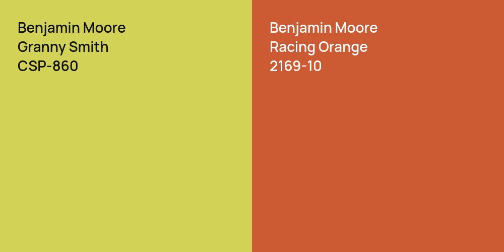 Benjamin Moore Granny Smith vs. Benjamin Moore Racing Orange comparison