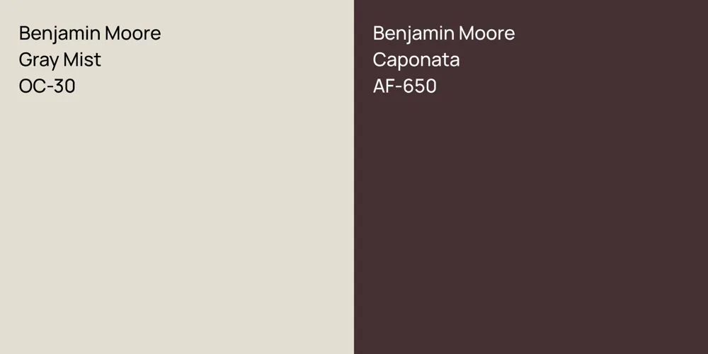 Benjamin Moore Gray Mist vs. Benjamin Moore Caponata comparison