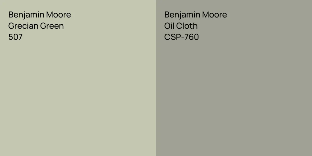 Benjamin Moore Grecian Green vs. Benjamin Moore Oil Cloth comparison