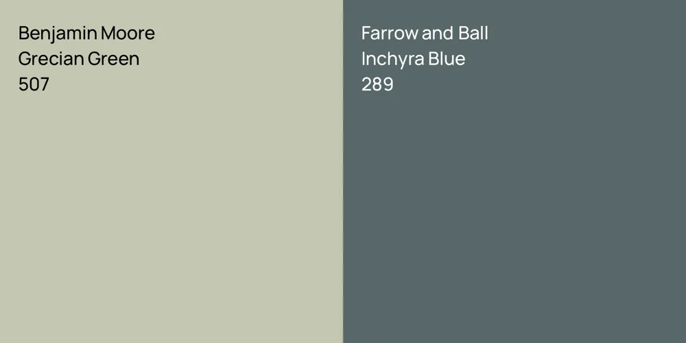 Benjamin Moore Grecian Green vs. Farrow and Ball Inchyra Blue comparison