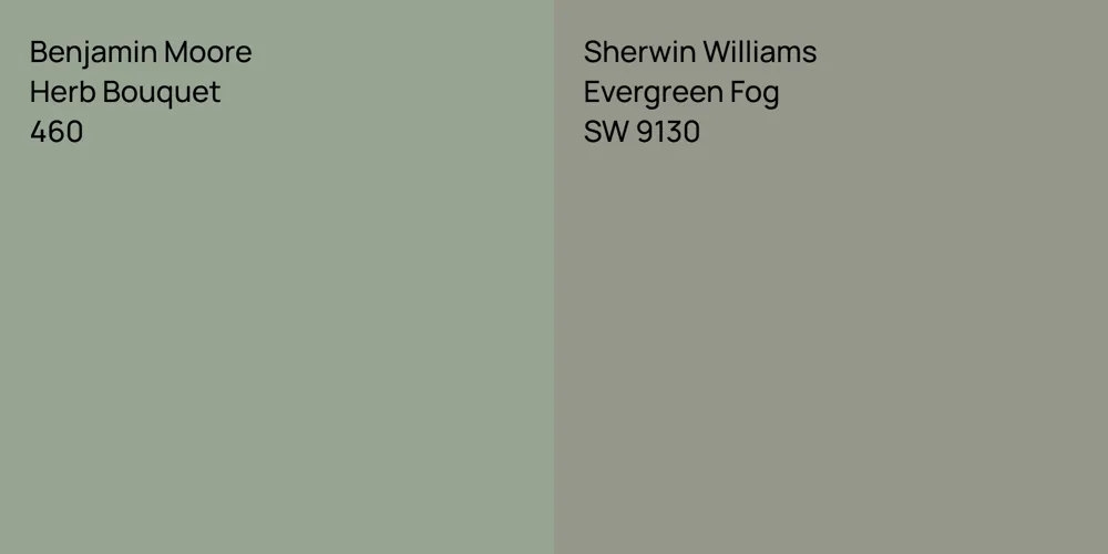 Benjamin Moore Herb Bouquet vs. Sherwin Williams Evergreen Fog comparison