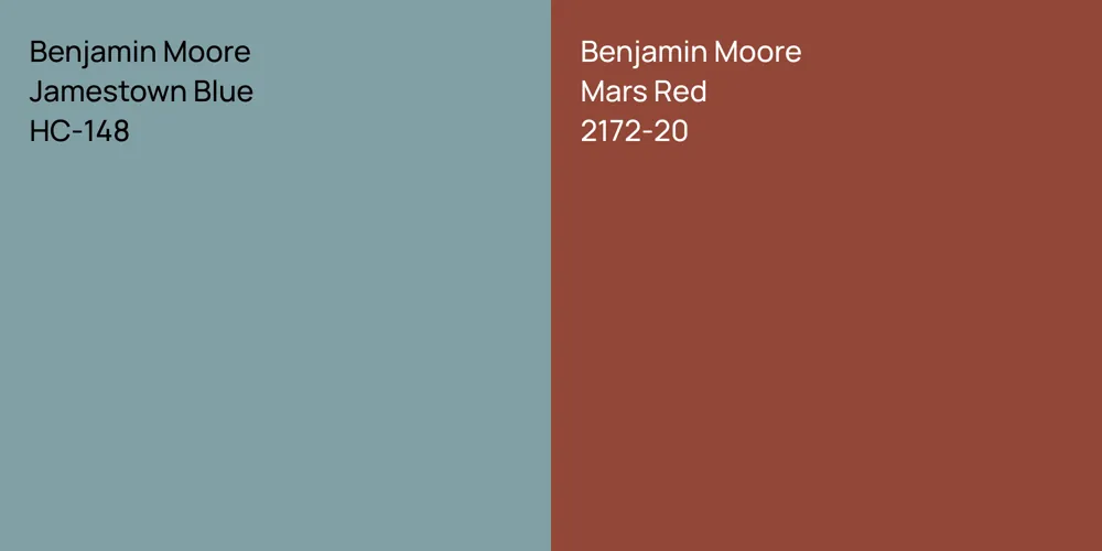 Benjamin Moore Jamestown Blue vs. Benjamin Moore Mars Red comparison