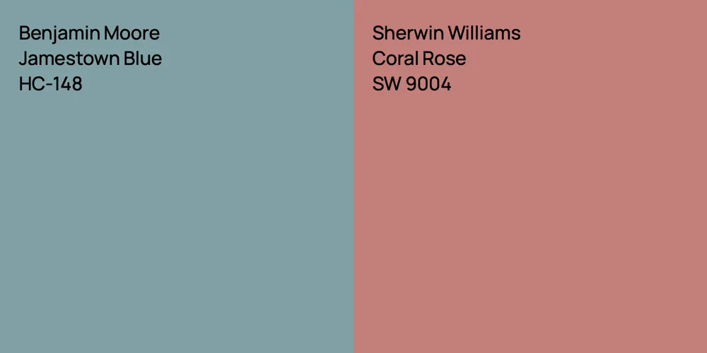 Benjamin Moore Jamestown Blue vs. Sherwin Williams Coral Rose comparison