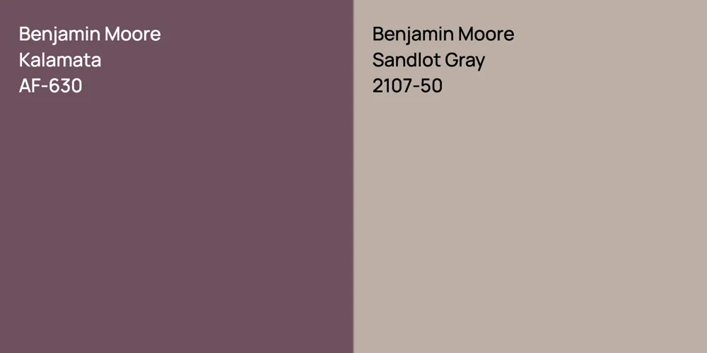 Benjamin Moore Kalamata vs. Benjamin Moore Sandlot Gray comparison