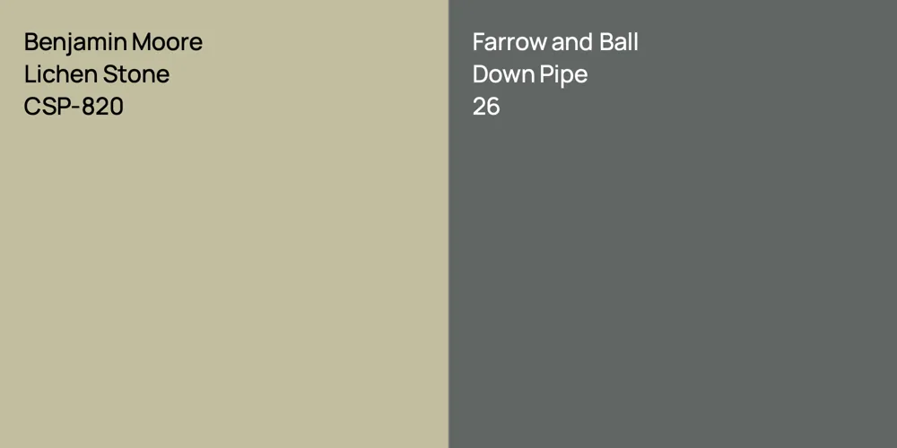 Benjamin Moore Lichen Stone vs. Farrow and Ball Down Pipe comparison