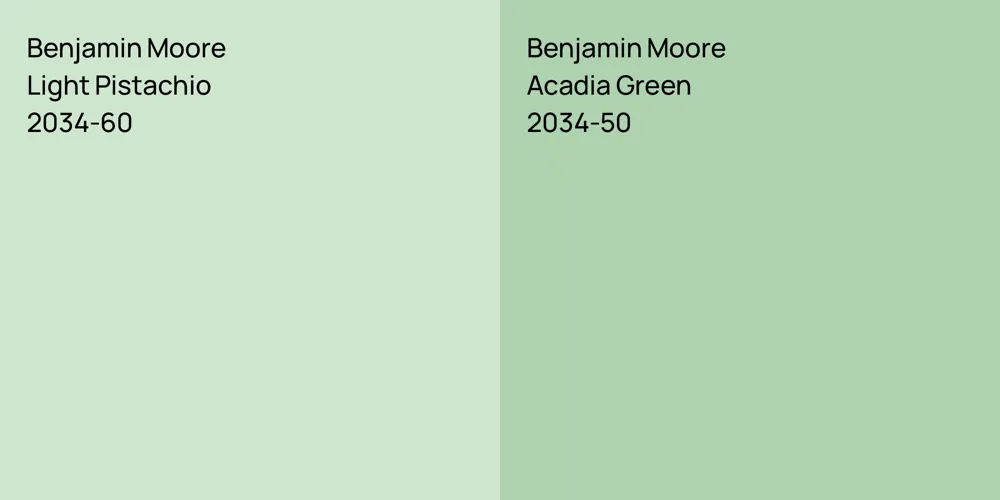 Benjamin Moore Light Pistachio vs. Benjamin Moore Acadia Green comparison