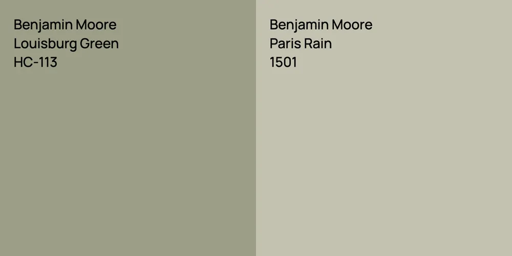 Benjamin Moore Louisburg Green vs. Benjamin Moore Paris Rain comparison
