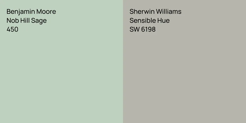 Benjamin Moore Nob Hill Sage vs. Sherwin Williams Sensible Hue comparison