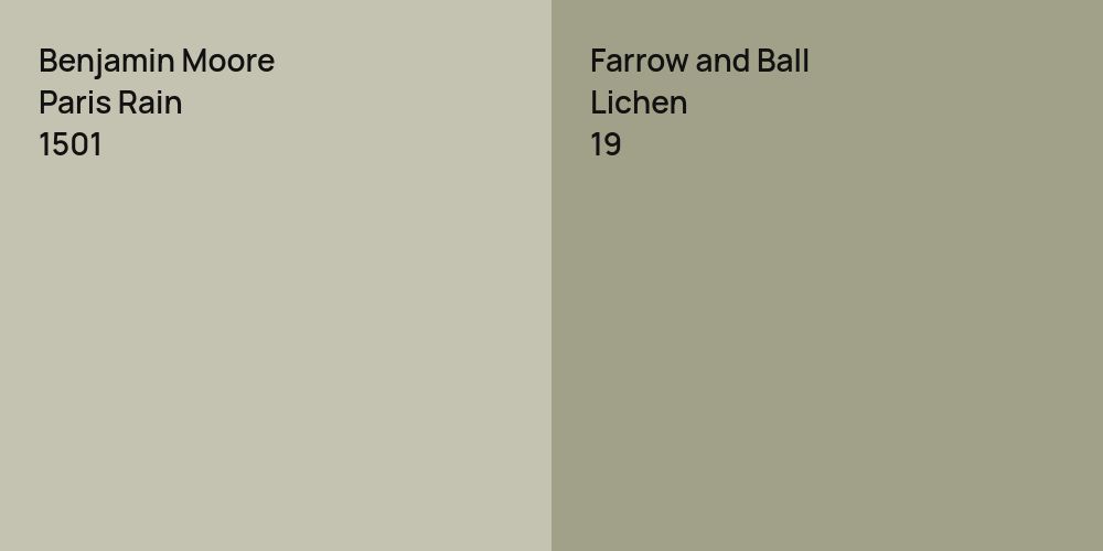 Benjamin Moore Paris Rain vs. Farrow and Ball Lichen comparison