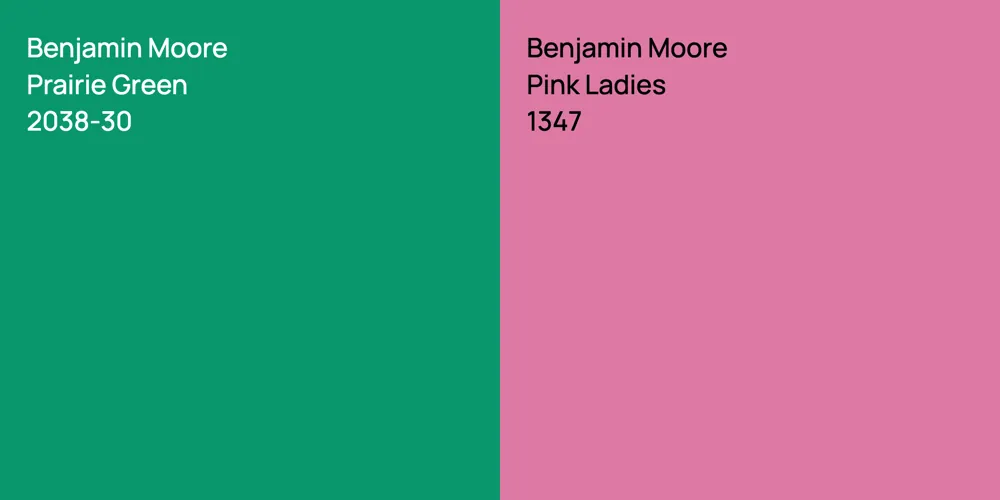 Benjamin Moore Prairie Green vs. Benjamin Moore Pink Ladies comparison