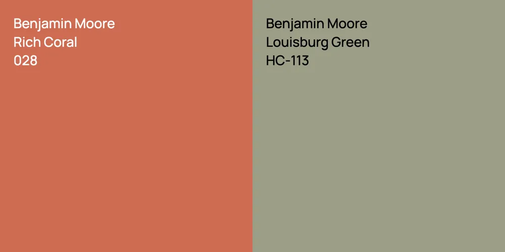 Benjamin Moore Rich Coral vs. Benjamin Moore Louisburg Green comparison