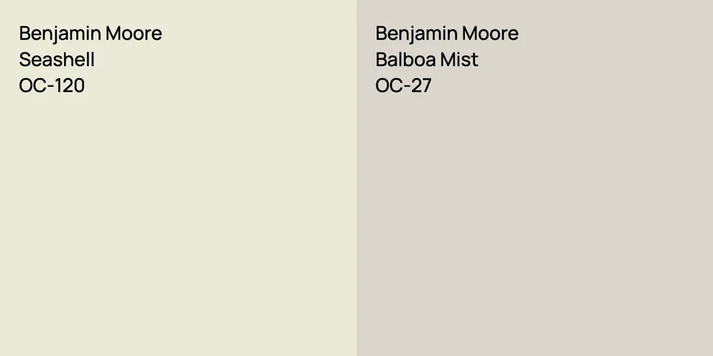 Benjamin Moore Seashell vs. Benjamin Moore Balboa Mist comparison