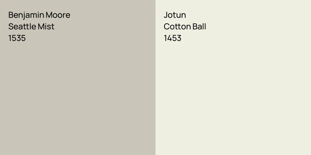 Benjamin Moore Seattle Mist vs. Jotun Cotton Ball comparison