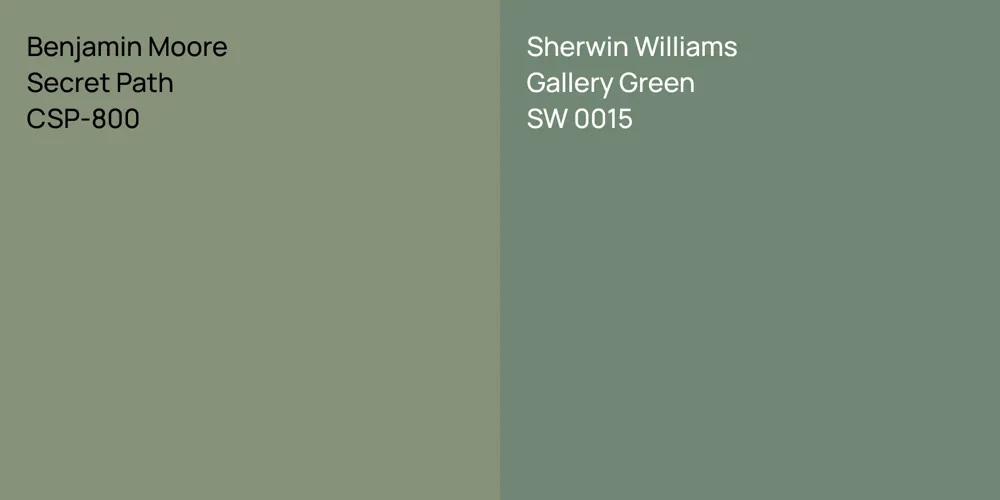 Benjamin Moore Secret Path vs. Sherwin Williams Gallery Green comparison
