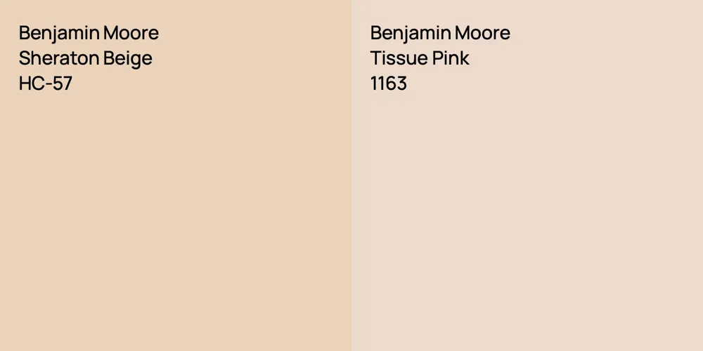 Benjamin Moore Sheraton Beige vs. Benjamin Moore Tissue Pink comparison