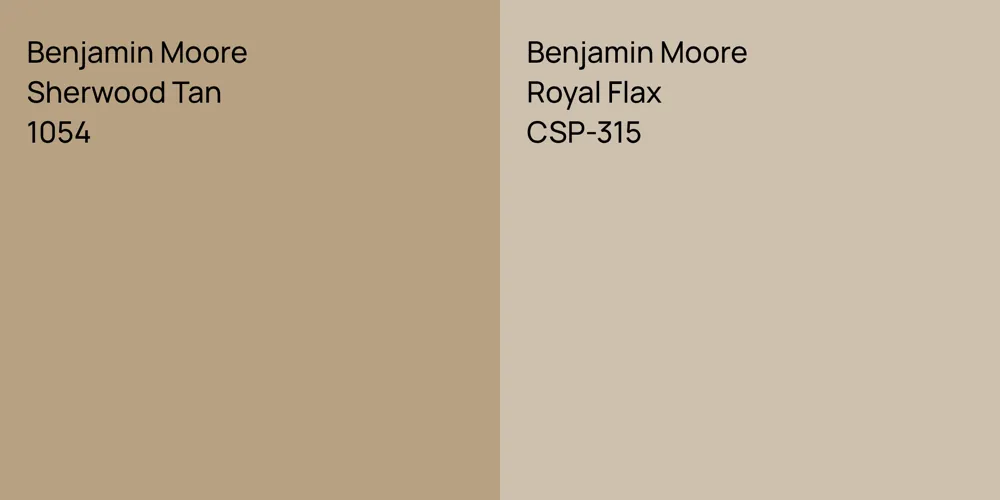 Benjamin Moore Sherwood Tan vs. Benjamin Moore Royal Flax comparison