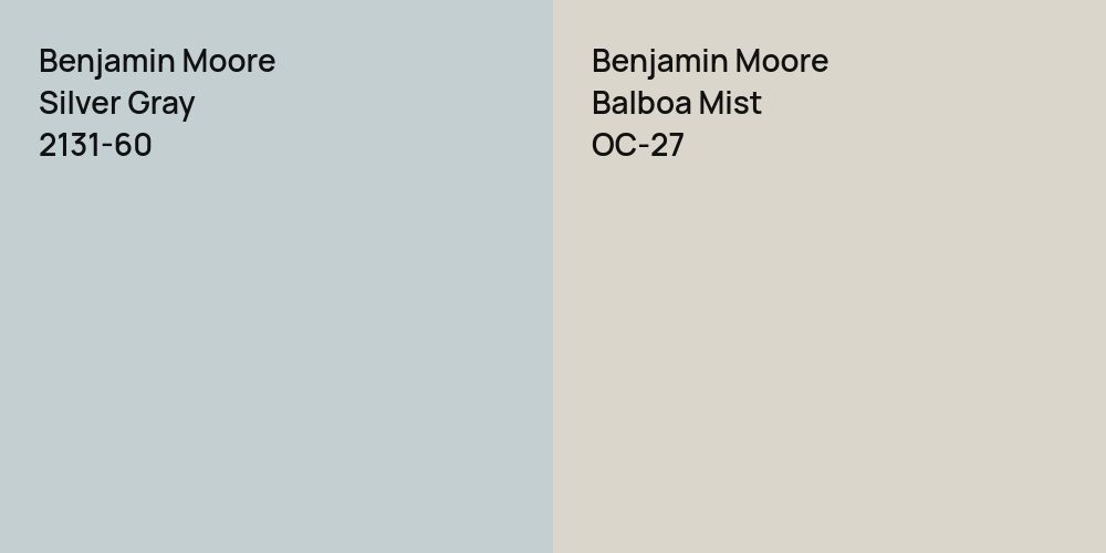 Benjamin Moore Silver Gray vs. Benjamin Moore Balboa Mist comparison