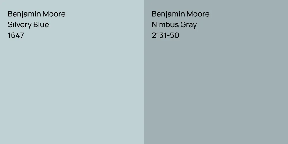 Benjamin Moore Silvery Blue vs. Benjamin Moore Nimbus Gray comparison