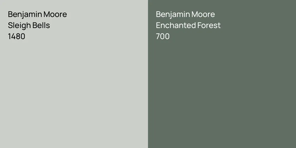 Benjamin Moore Sleigh Bells vs. Benjamin Moore Enchanted Forest comparison