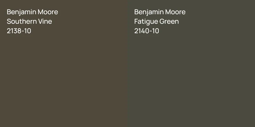 Benjamin Moore Southern Vine vs. Benjamin Moore Fatigue Green comparison