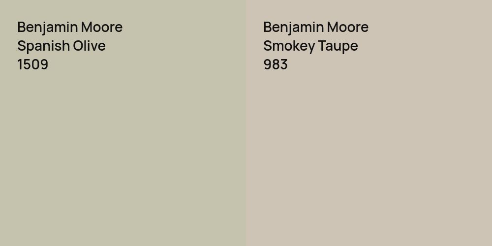 Benjamin Moore Spanish Olive vs. Benjamin Moore Smokey Taupe comparison