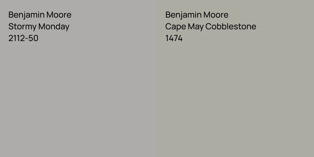 Benjamin Moore Stormy Monday vs. Benjamin Moore Cape May Cobblestone comparison