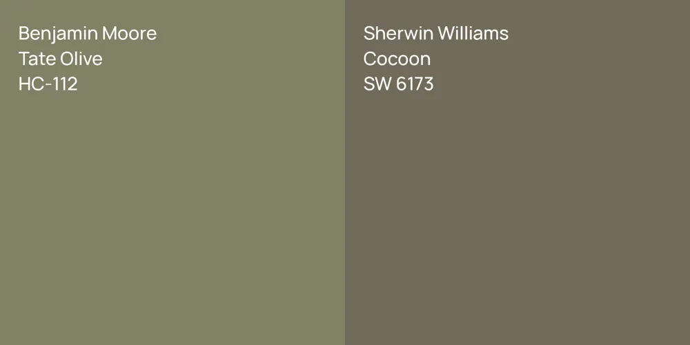 Benjamin Moore Tate Olive vs. Sherwin Williams Cocoon comparison