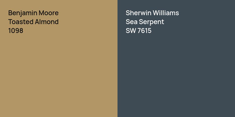 Benjamin Moore Toasted Almond vs. Sherwin Williams Sea Serpent comparison