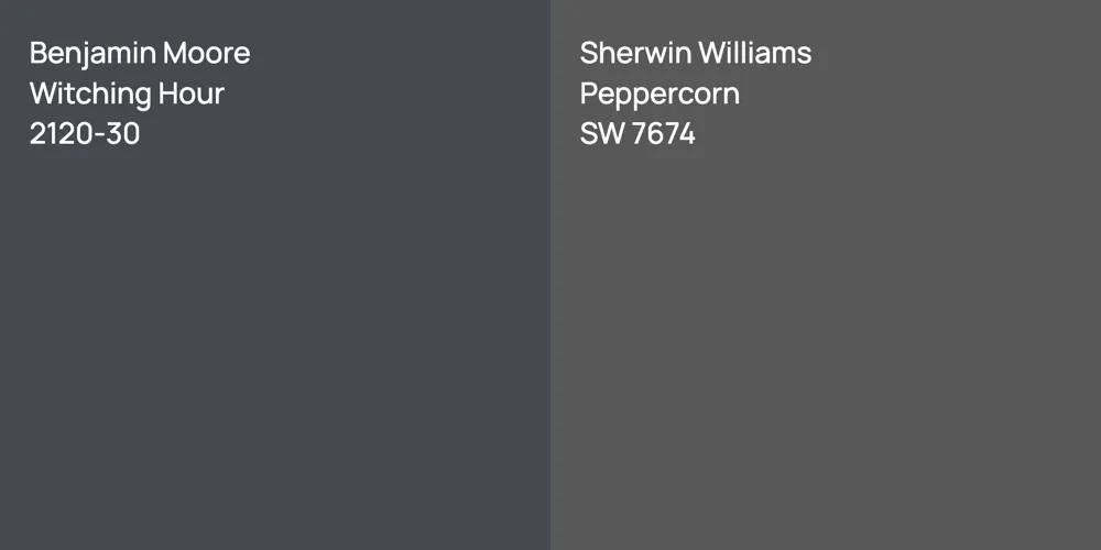 Benjamin Moore Witching Hour vs. Sherwin Williams Peppercorn comparison
