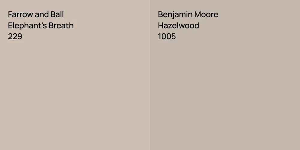 Farrow and Ball Elephant's Breath vs. Benjamin Moore Hazelwood comparison