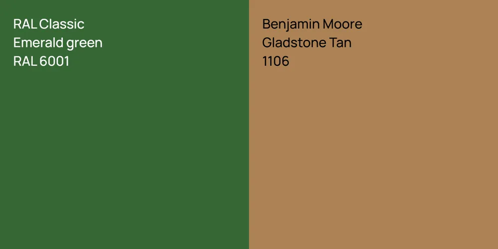 RAL Classic Emerald green vs. Benjamin Moore Gladstone Tan comparison