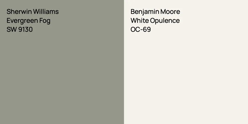 Sherwin Williams Evergreen Fog vs. Benjamin Moore White Opulence comparison