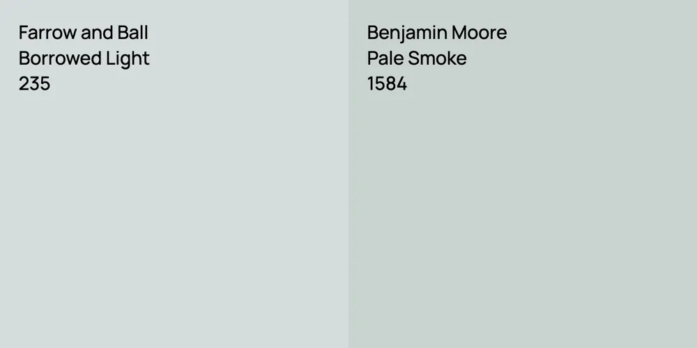 Farrow and Ball Borrowed Light vs. Benjamin Moore Pale Smoke comparison