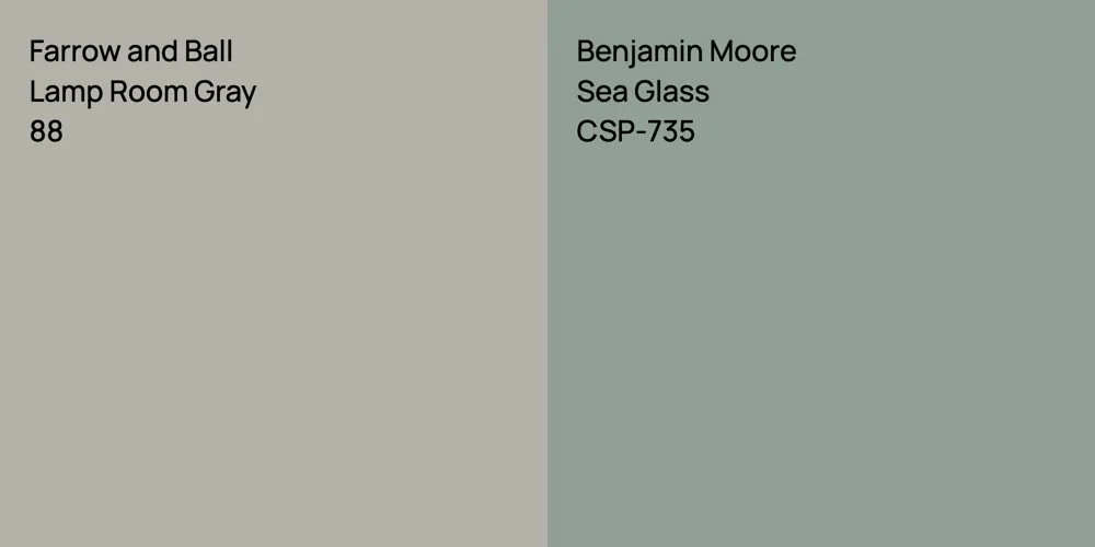 Farrow and Ball Lamp Room Gray vs. Benjamin Moore Sea Glass comparison