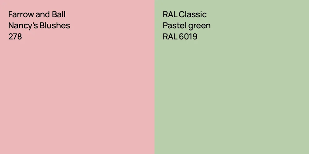 Farrow and Ball Nancy's Blushes vs. RAL Classic Pastel green comparison