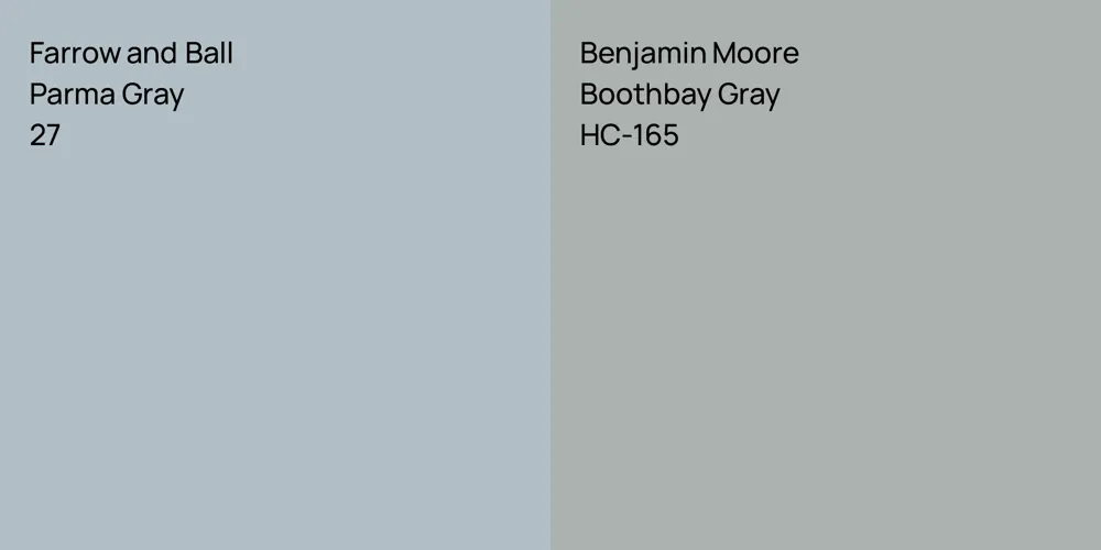 Farrow and Ball Parma Gray vs. Benjamin Moore Boothbay Gray comparison