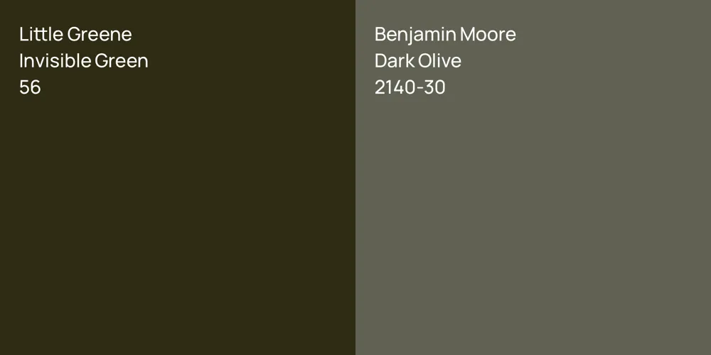 Little Greene Invisible Green vs. Benjamin Moore Dark Olive comparison