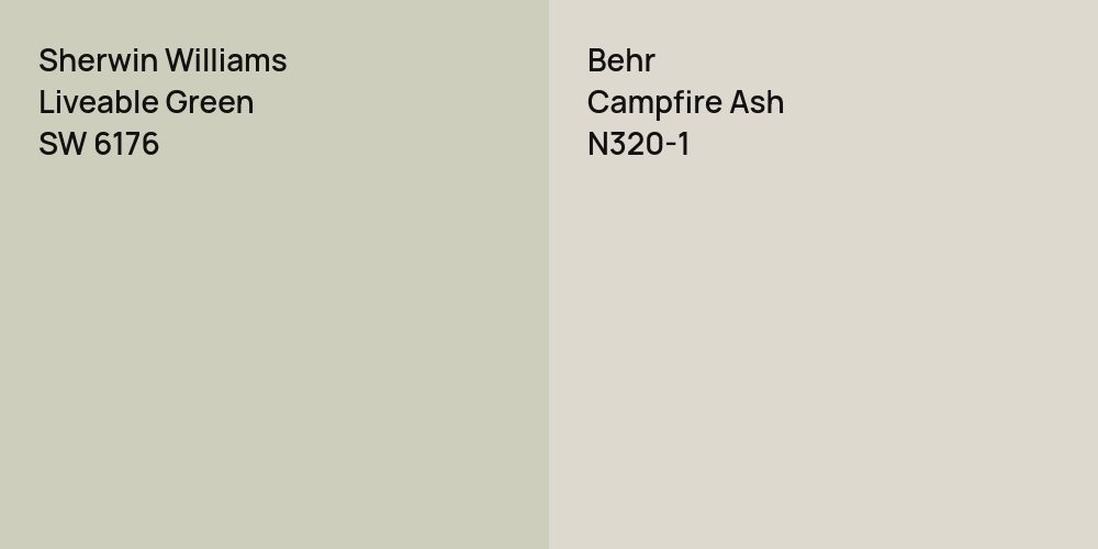 Sherwin Williams Liveable Green vs. Behr Campfire Ash comparison
